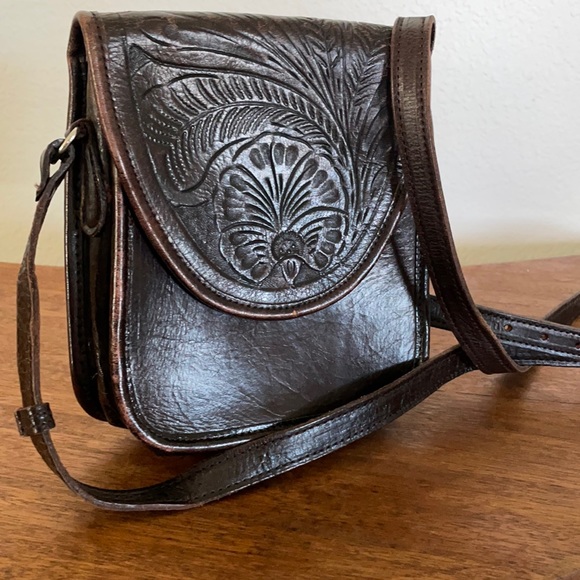 Bags | Brown Leather Tooled Design Dark Brown Cross Body Bag | Poshmark